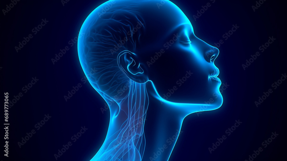 Tête humaine avec scanner de l'intérieur du système nerveux. Effet néon ...