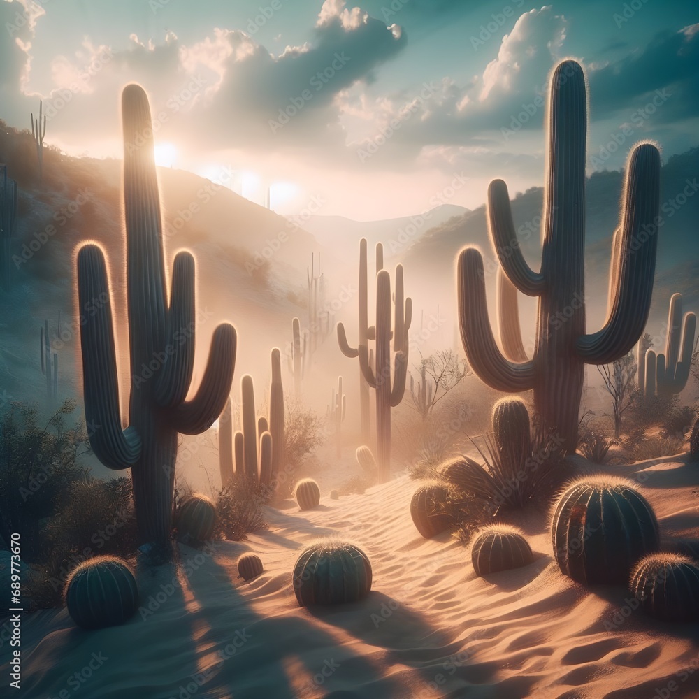 Desert Sunrise with Cacti. The image features several tall Saguaro ...