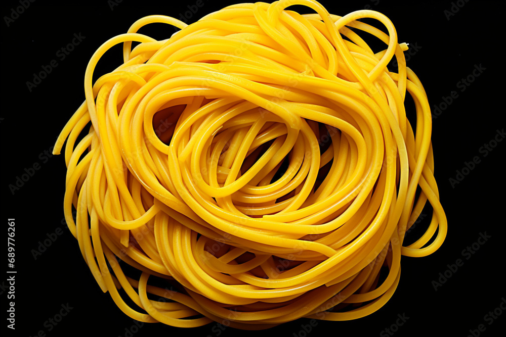 boiled spaghetti laid out in the shape of a circle on a black ...