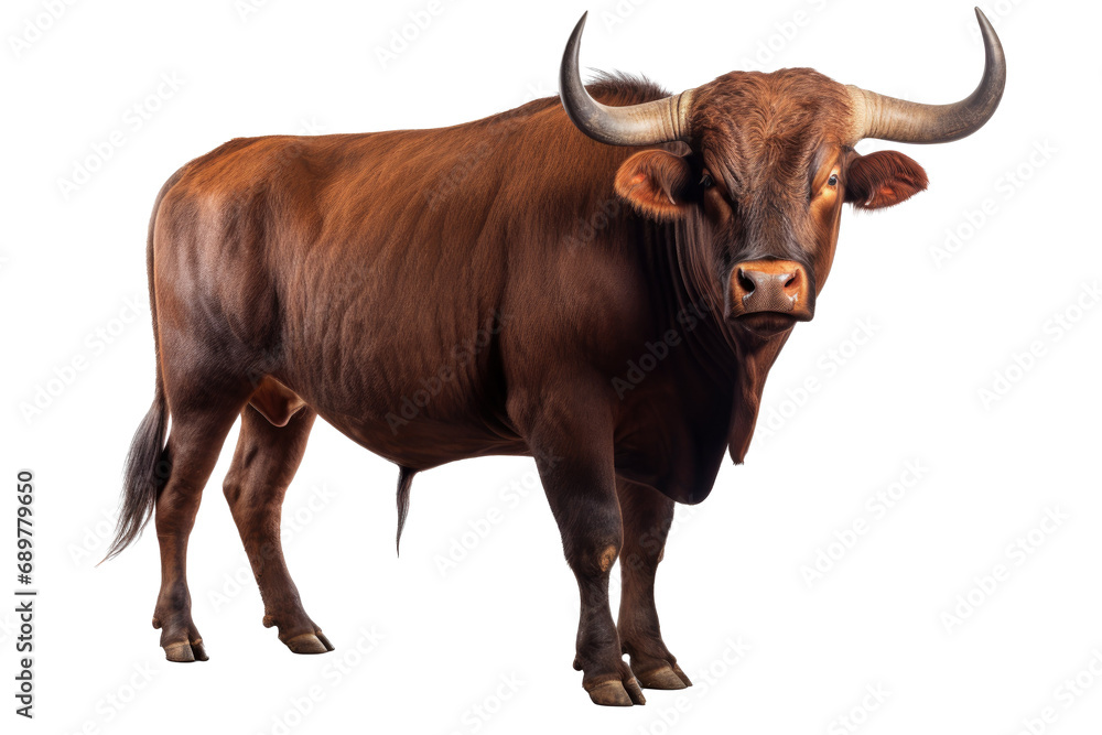 Strongest dark brown bull with muscles and long horns portrait looking ...