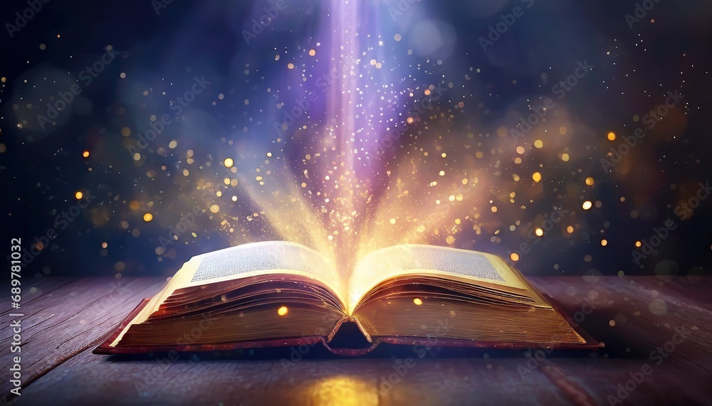 Magical Book on Table in dimmed Library with Magic releasing from the ...
