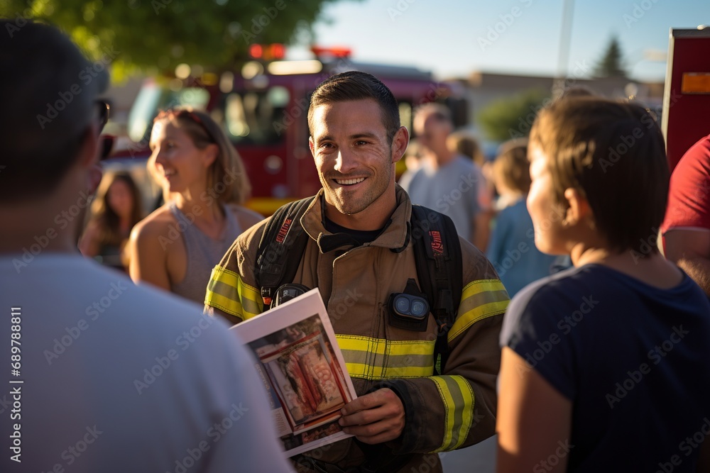 Engaged firefighter conducting community outreach, imparting fire ...