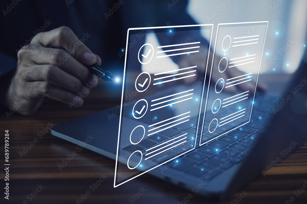 man tick correct sign mark in checkbox for quality control checklist ...