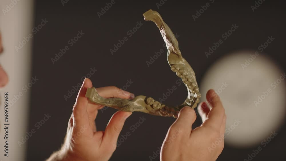 A man graphic designer holds in hands plastic khaki colored 3d printed ...