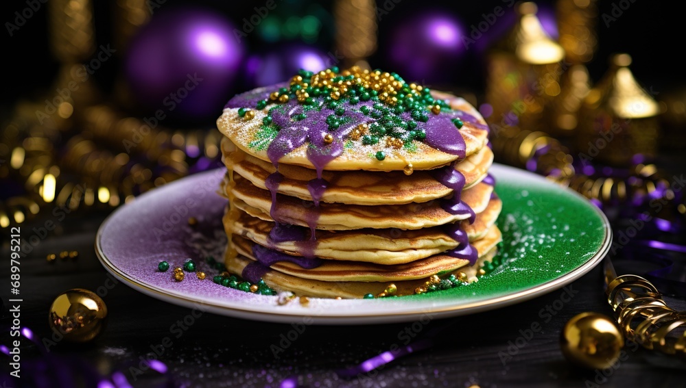 A stack of pancakes decorated in Mardi Gras style with green, gold, and ...