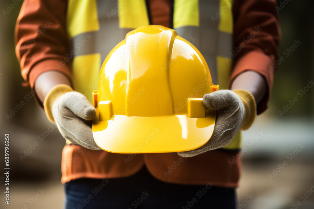 A worker holding a safety helmet at a building/construction work or ...