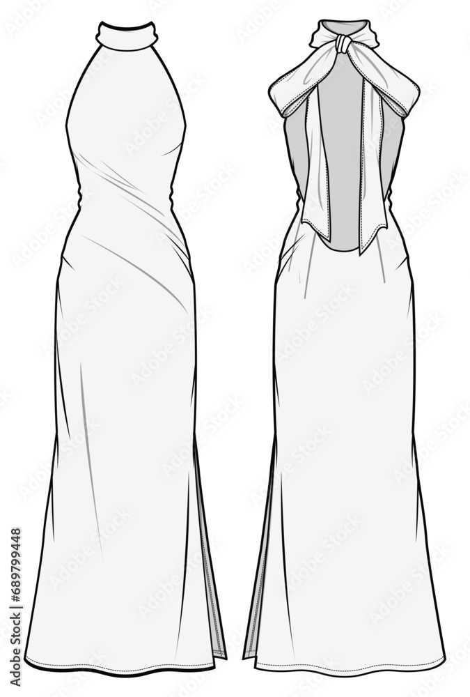 High Neck Back Bow Halter Neck Back Open Maxi Dress, Bridal Halter Neck ...