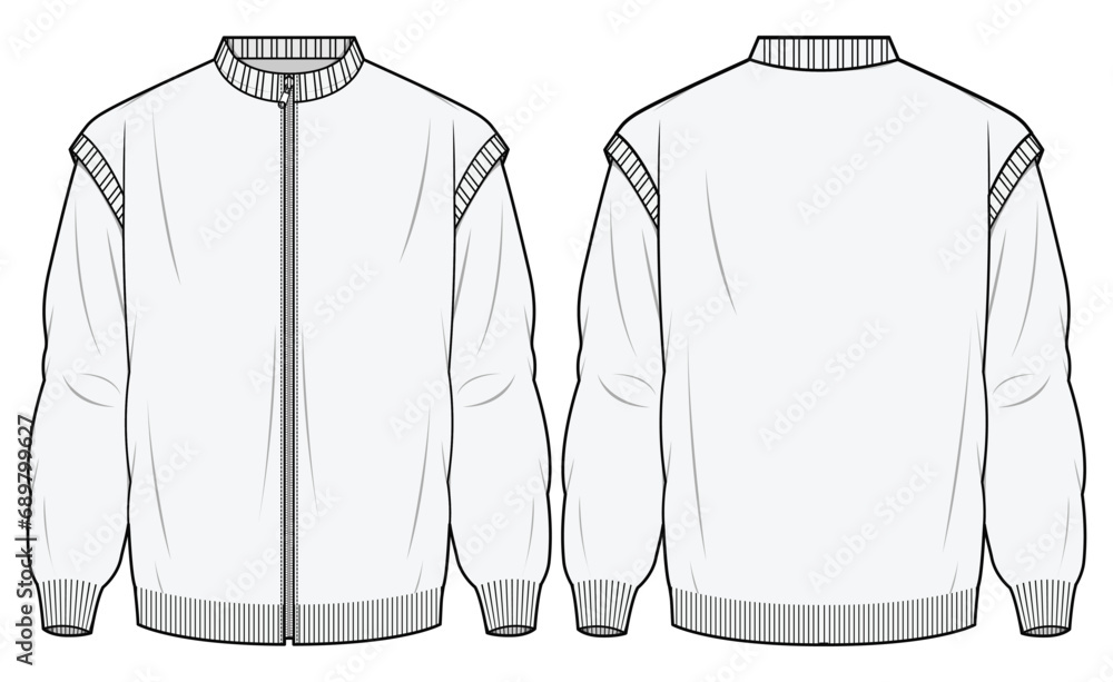 Stand Collar Zip Up Drop Shoulder Detachable Sleeve Jacket Front and ...