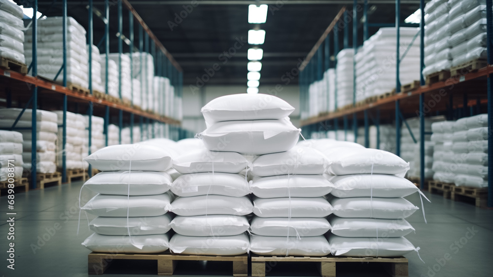 Bags of flour and grain are stacked on pallets, stored in the factory ...