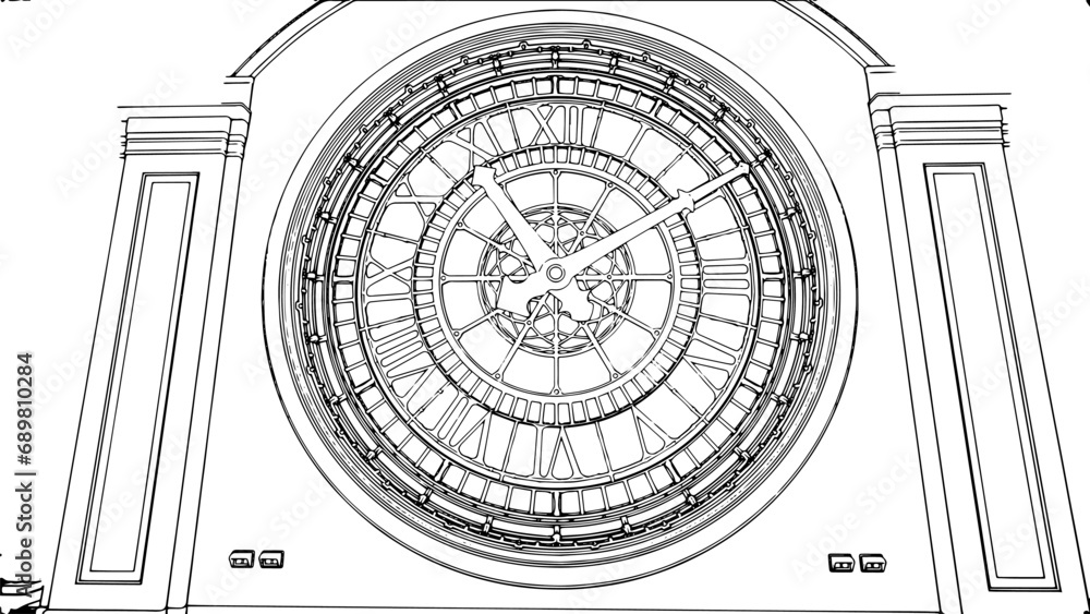 Elegant architecture of a clock tower in black and white, vector Stock ...