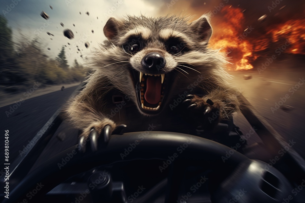 driving car mouth open wide racoon disaster angry look face uses ...