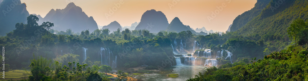 Aerial view of Ban Gioc Detian Falls along the Quay Son River on the ...