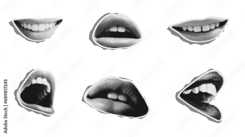 Set of retro lips in halftone. Paper cutout elements with lips and ...
