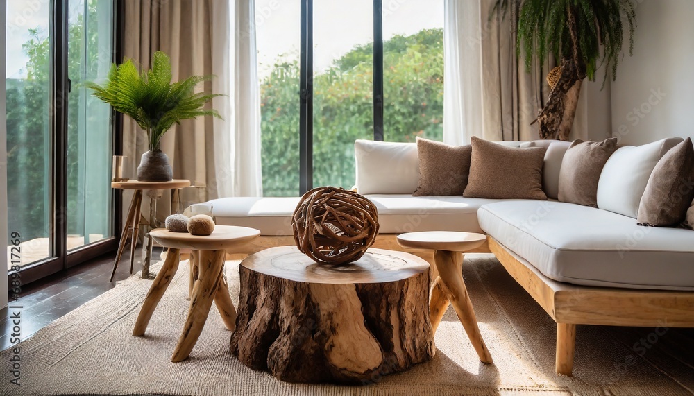 Rustic natural wood root ball live edge coffee table near chairs and ...