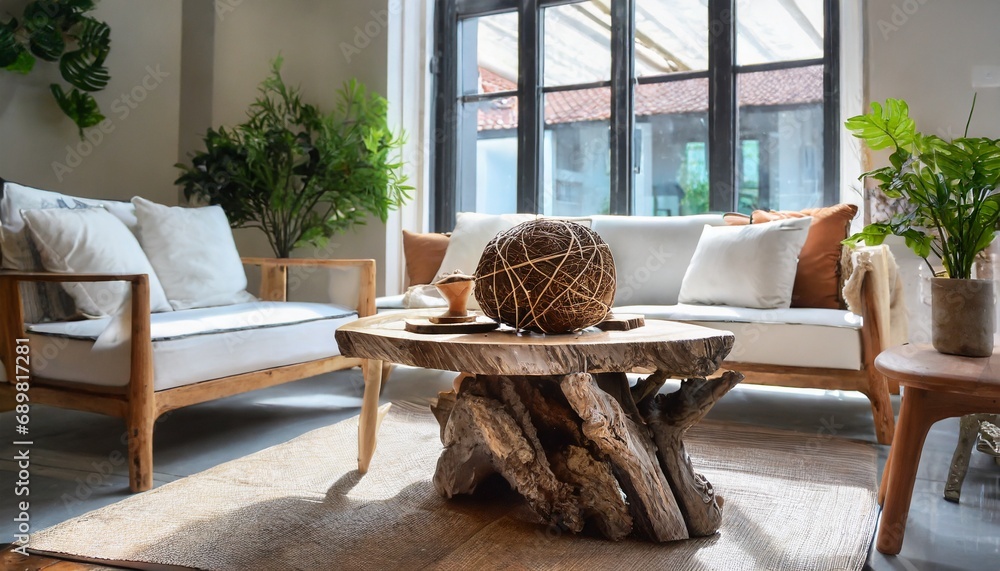 Rustic natural wood root ball live edge coffee table near chairs and ...