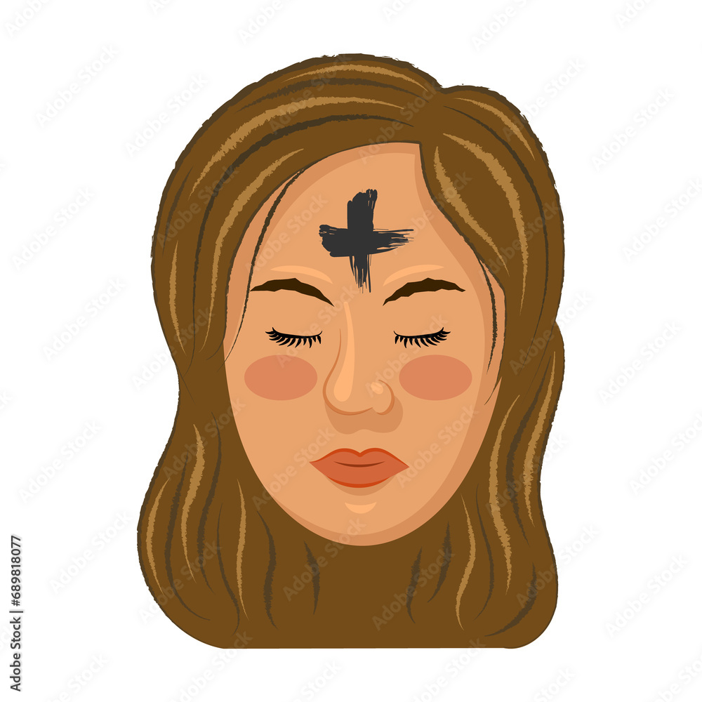 Ilustración de miércoles de ceniza. Mujer con cruz de ceniza en la ...