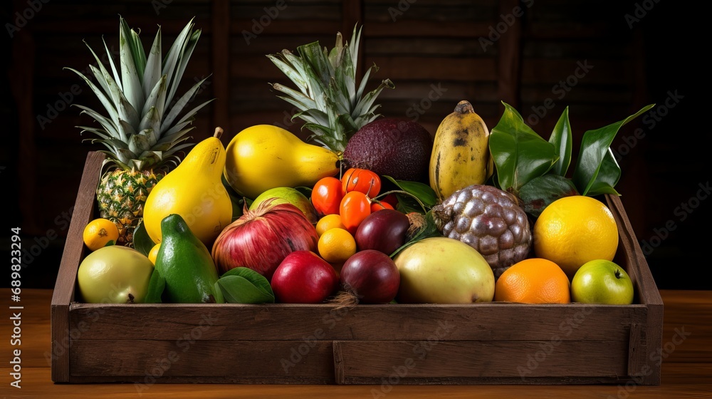 A wooden box contains tropical fruits including papayas, dragon fruits ...