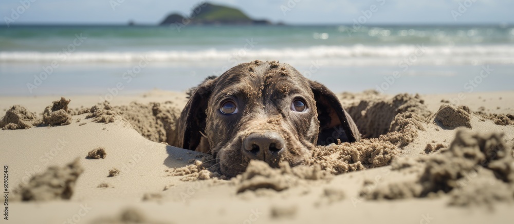 Dog burying his head in the sand at Sennen beach Cornwall. Copyspace ...