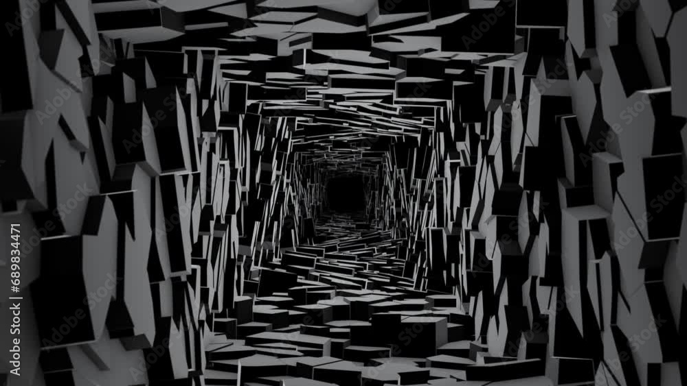 Monochrome 3D background with dark abstract corridor made of randomly ...