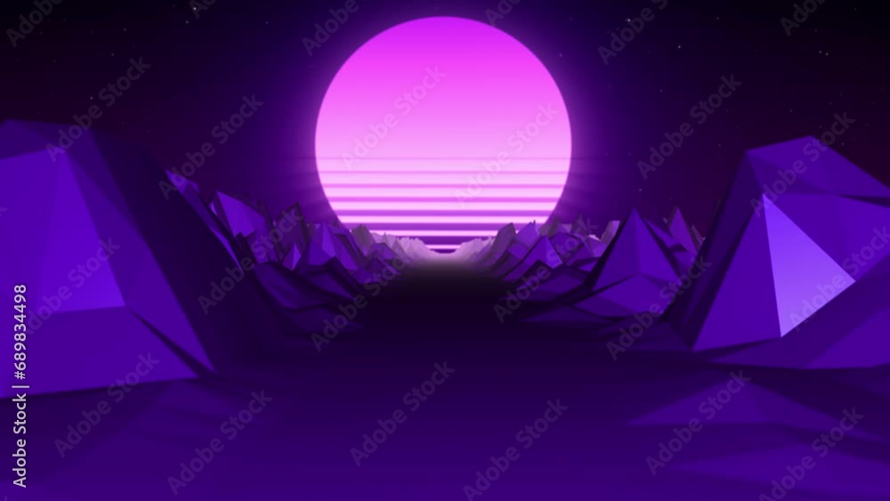 3D retro animation with moving through a purple landscape with glowing ...