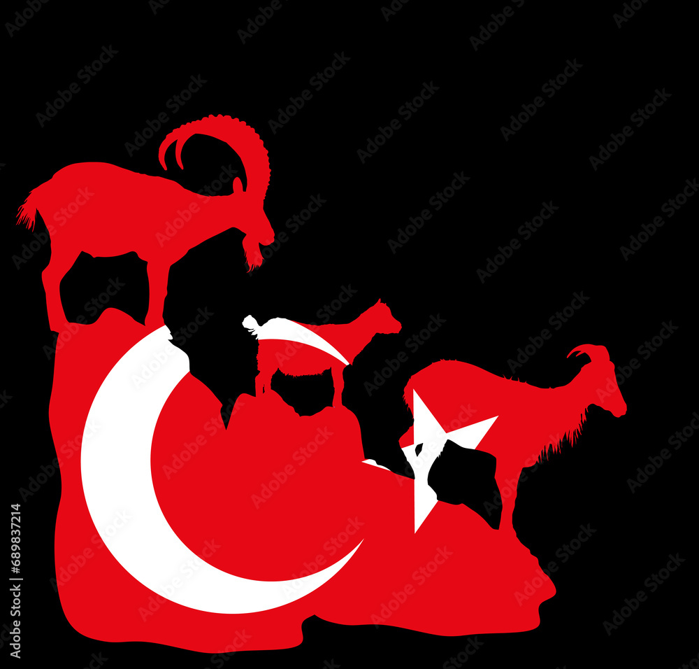 Turkey flag over mountain goats on rock on top hill vector silhouette ...