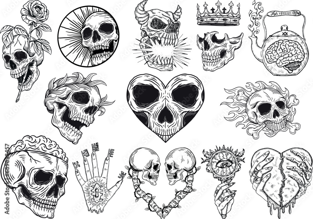 Set Mega Collection Bundle of Hand drawn Skull Bones Head Dark Art ...