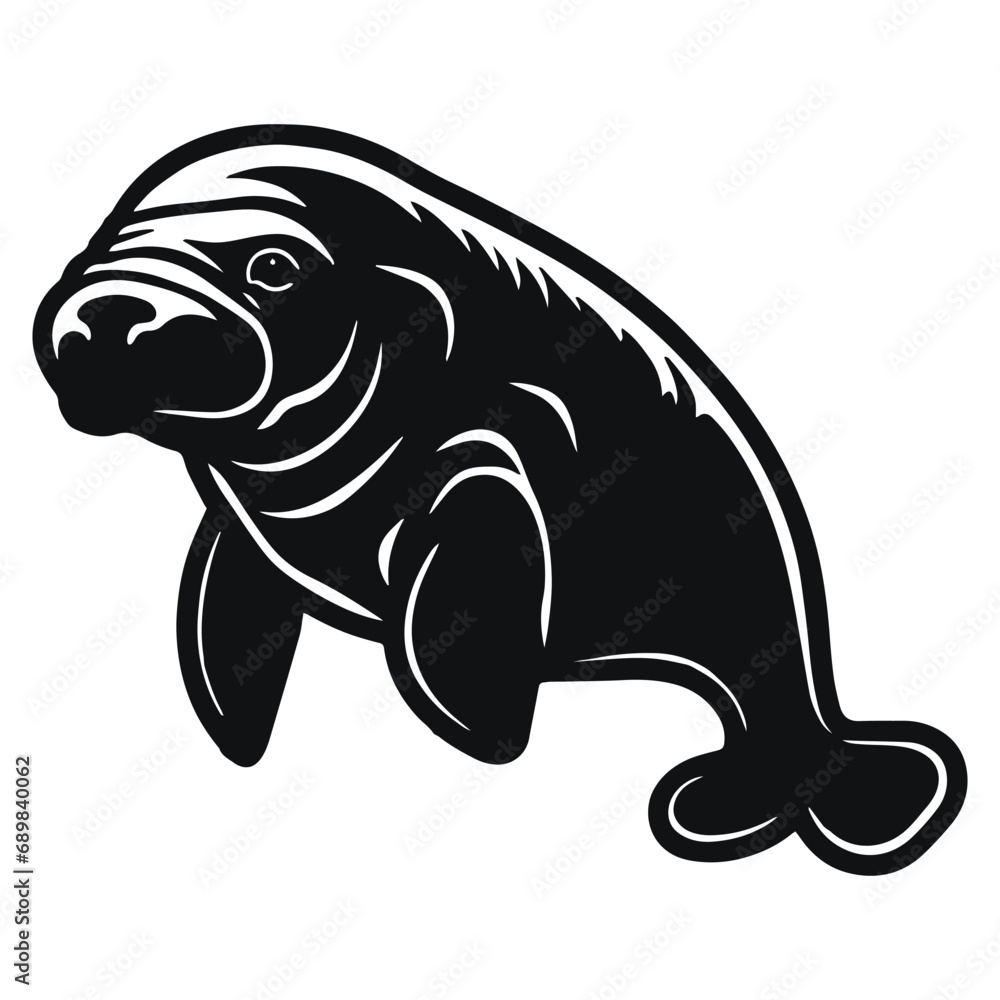 Manatee silhouettes and icons. Black flat color simple elegant white ...