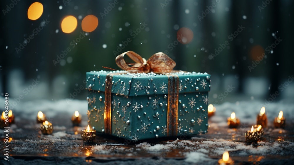 A green gift box tied in a golden ribbon, placed in the snow. A banner ...