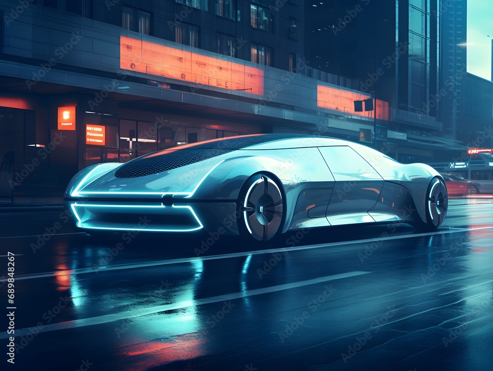 A sleek and luxurious supercar glides through the rainy night, its ...