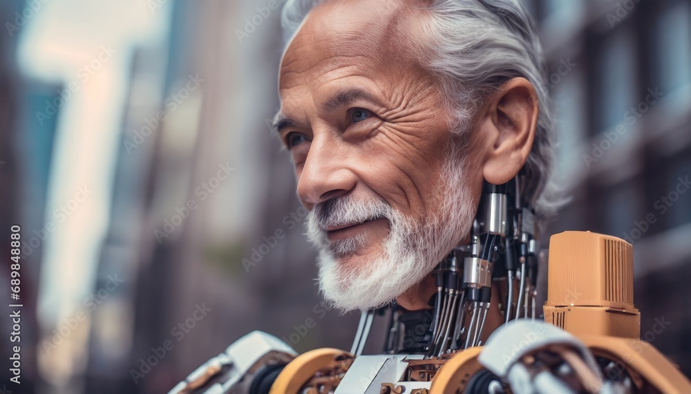 robot or an old man with artificial robot body parts, artificial ...