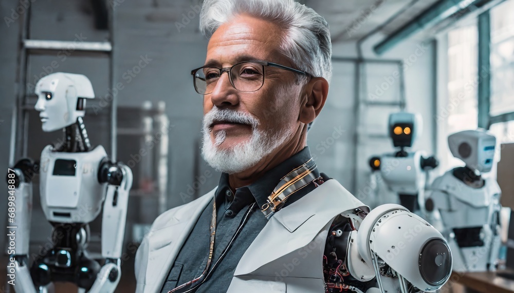 robot or an old man with artificial robot body parts, artificial ...