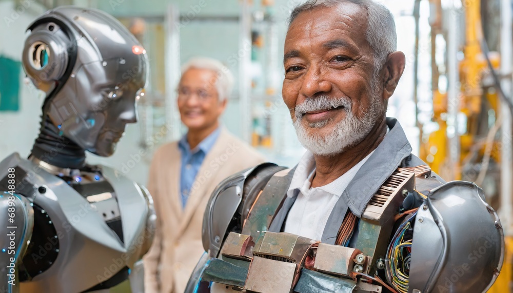 robot or an old man with artificial robot body parts, artificial ...