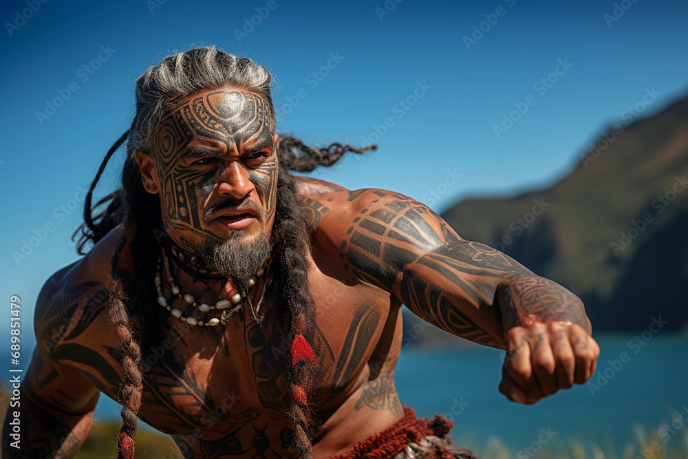 Maori warrior, traditional 'ta moko' facial tattoos, ceremonial 'piupiu ...