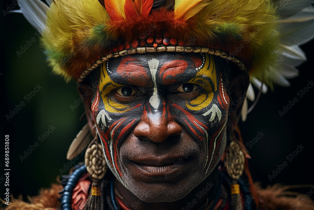 Portrait of a Huli wigman from Papua New Guinea, traditional face paint ...