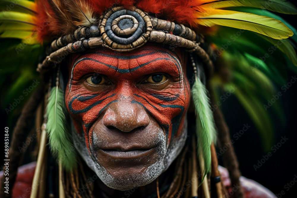 Portrait of a Huli wigman from Papua New Guinea, traditional face paint ...