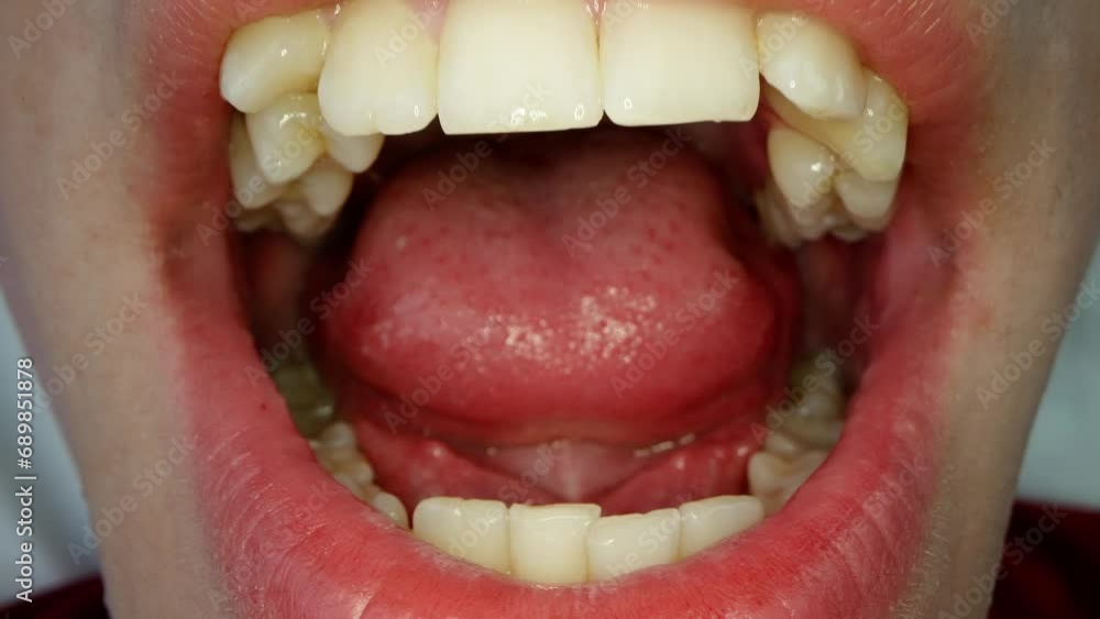 Vidéo Stock Inside the open mouth. The jaw, palate, gums, tongue and ...