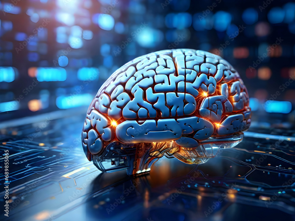 3d human brain on technology background represent artificial intelligence and cyber space ...