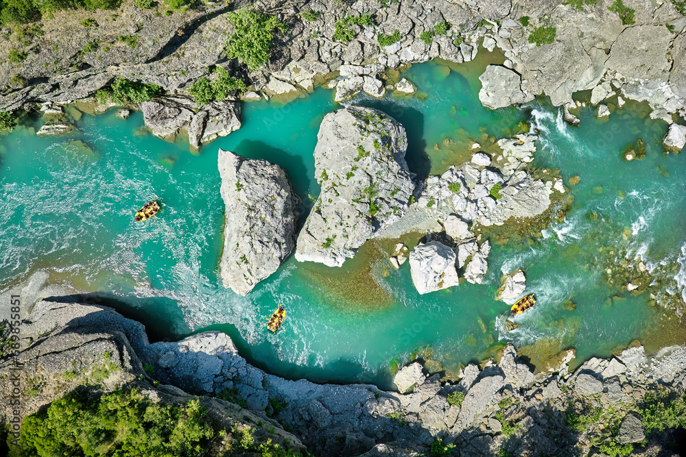 White water rafting. Adventure and sport. A yellow raft floating among ...