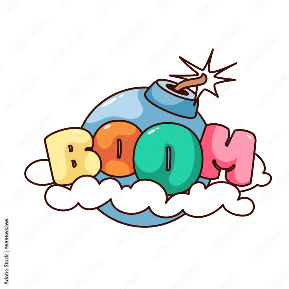Groovy sticker with Boom text and bomb vector illustration. Cartoon ...
