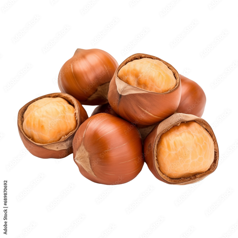 fresh organic hazelnut fruit cut in half sliced with leaves isolated on ...