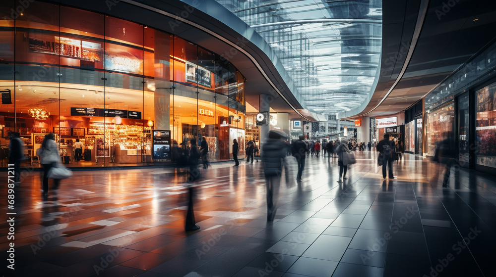 shopping mall, with the motion of stores and people blurred Emphasize ...