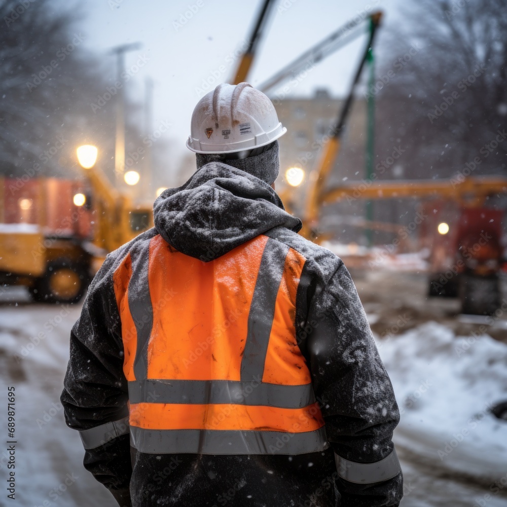 Cold Construction Day: Back View of Man in Hard Hat Amidst Snowfall ...