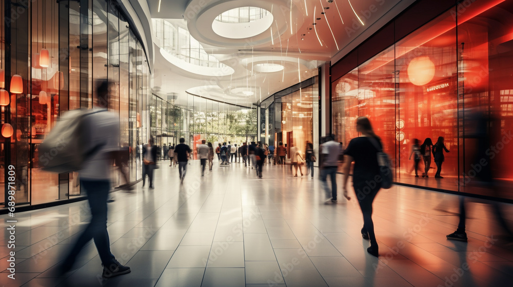 shopping mall, with the motion of stores and people blurred Emphasize ...