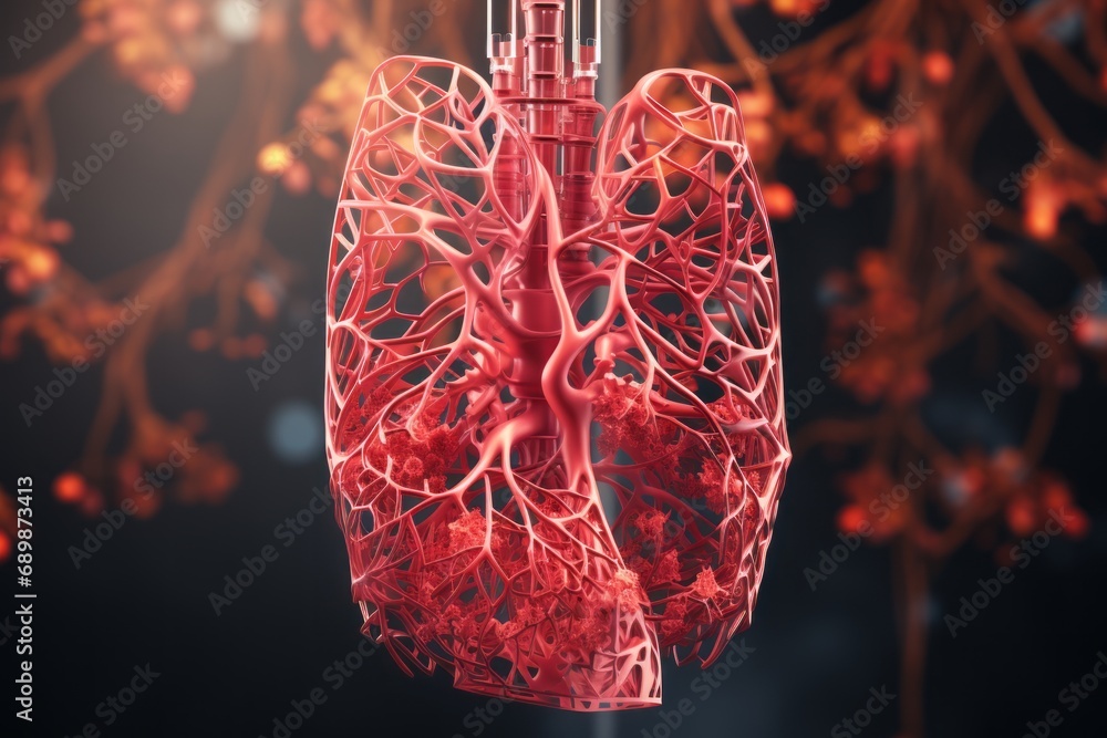 3D colorful illustration of human lungs on dark blue background. Human ...