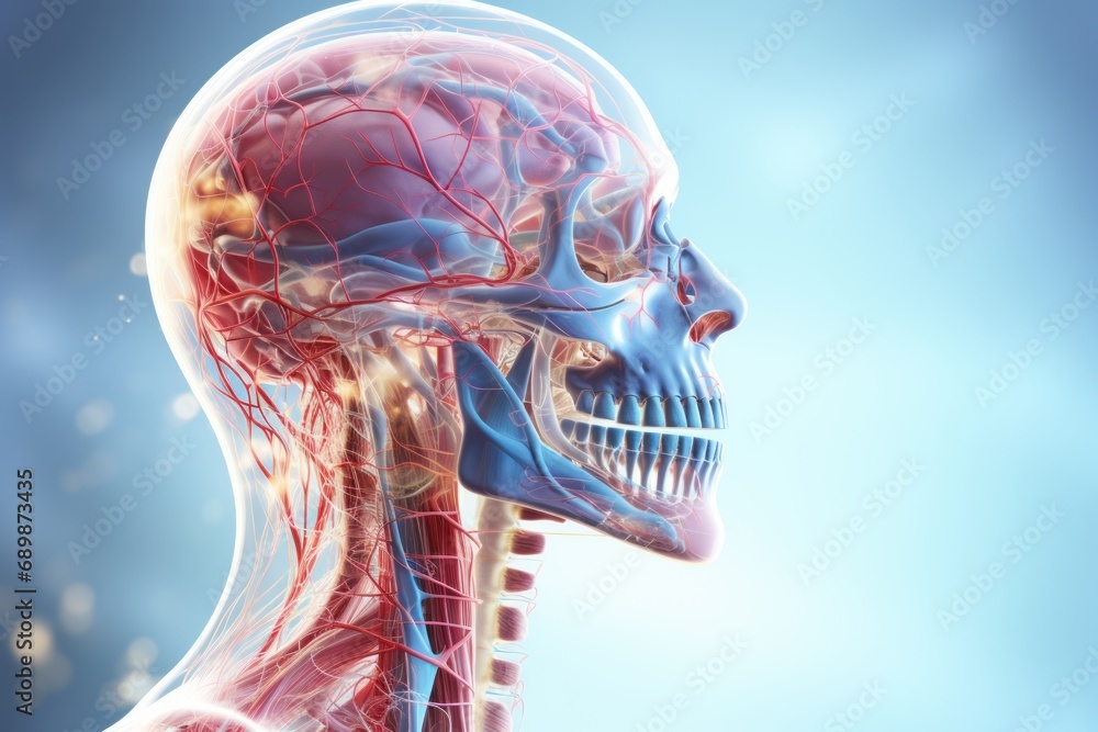 3D illustration of transparent human skull and colorful image human ...
