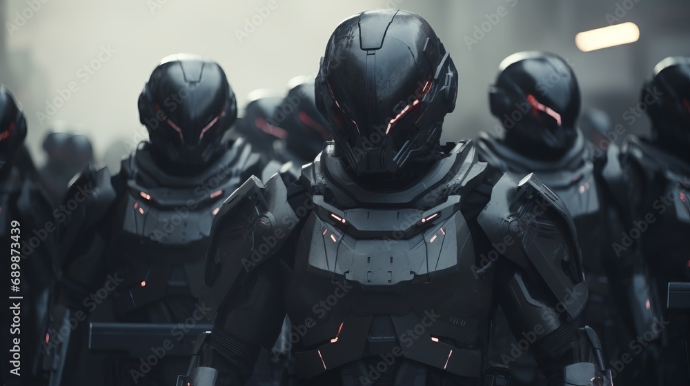 sci fi military armored cyborg army lined up, futuristic android, dark ...