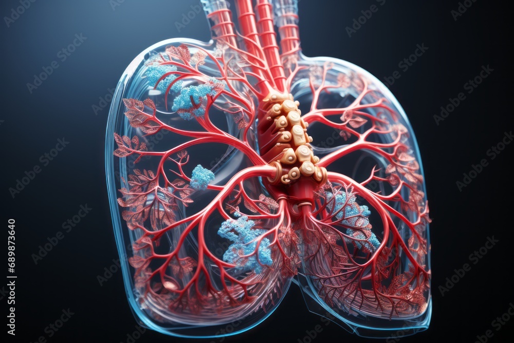 3D colorful illustration of human lungs on dark blue background. Human ...