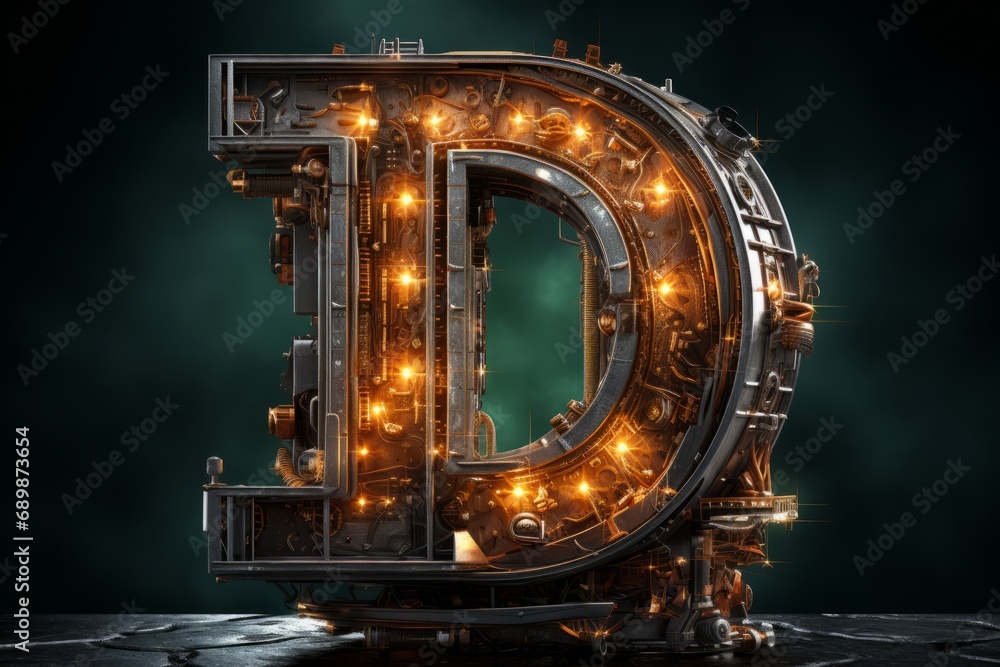 Volumetric capital letter D made of metal. The effect of compressed ...
