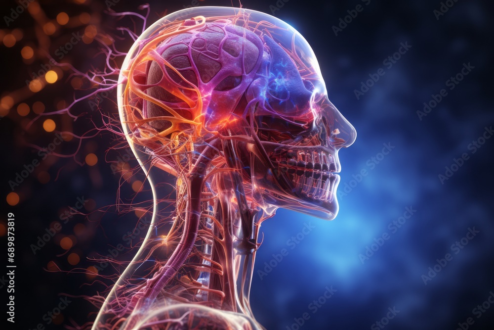 3D illustration of transparent human skull and colorful image human ...