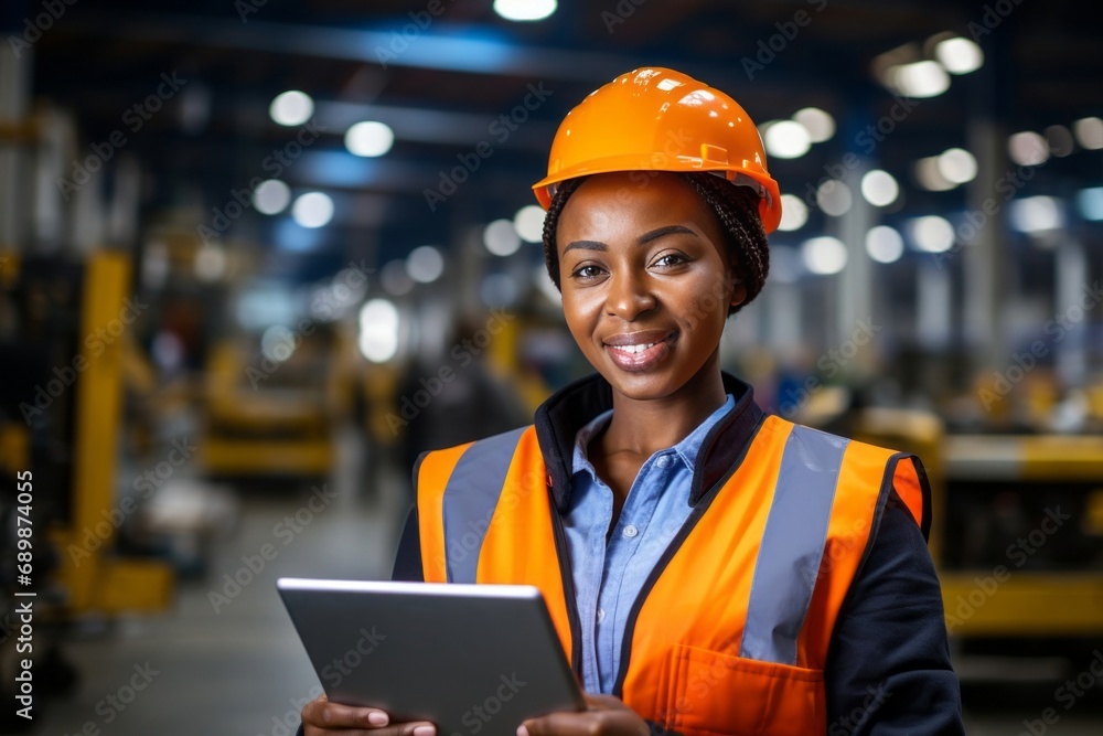 Portrait of a modern black female engineer in a hard hat, with a laptop ...